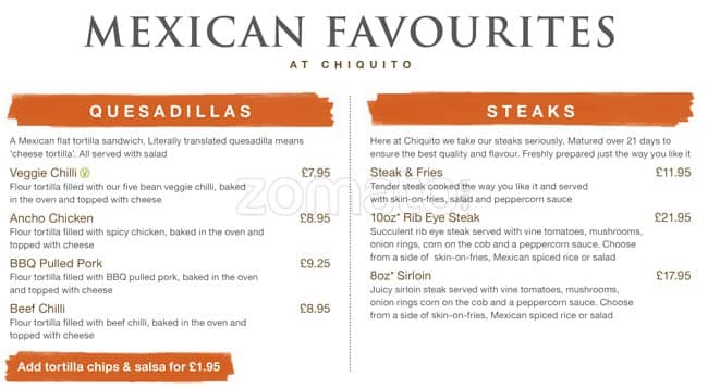 Menu at Chiquito restaurant, Birmingham, Hagley Rd W