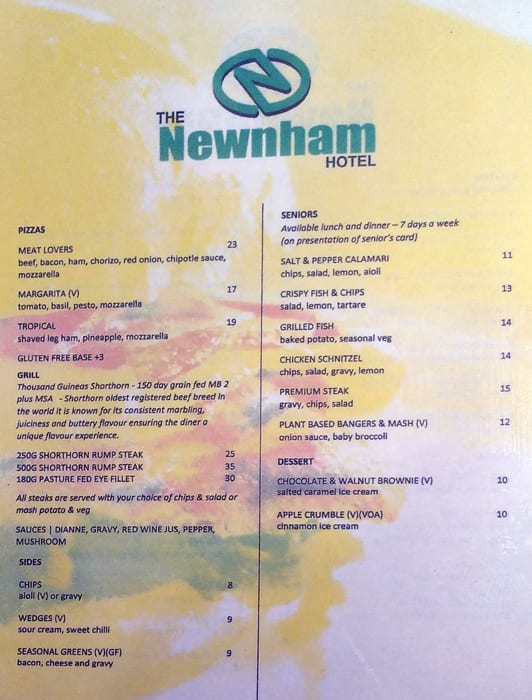 Menu at Newnham Hotel & Function Centre pub & bar, Upper Mount Gravatt