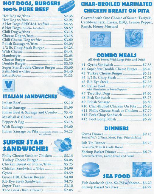 Menu at Super Star N Gyro fast food, South Chicago Heights