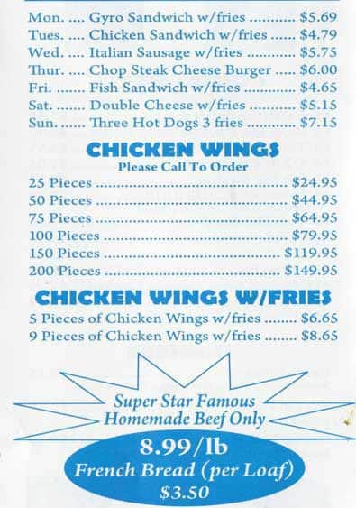 Menu at Super Star N Gyro fast food, South Chicago Heights