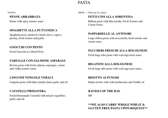 Menu at Antica Trattoria restaurant, New York City, 68-10 Fresh Pond Rd
