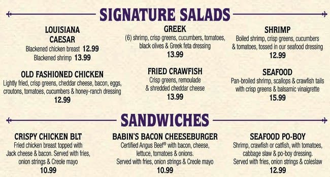 Menu at Babin's Seafood House restaurant, Shenandoah, I-45