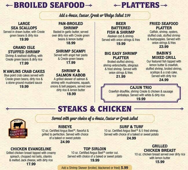 Menu at Babin's Seafood House restaurant, Shenandoah