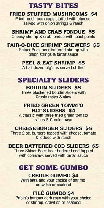 Menu at Babin's Seafood House restaurant, Shenandoah, I-45