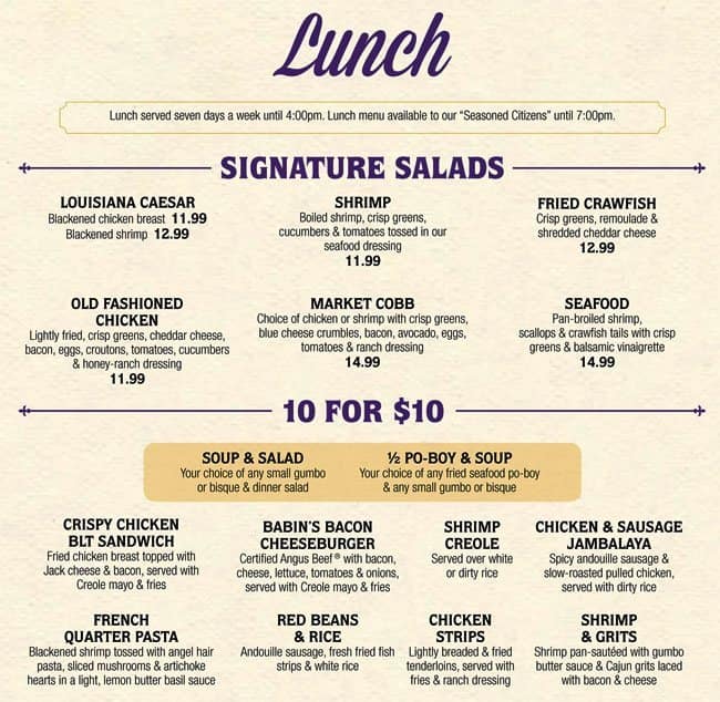 Menu at Babin's Seafood House restaurant, Shenandoah