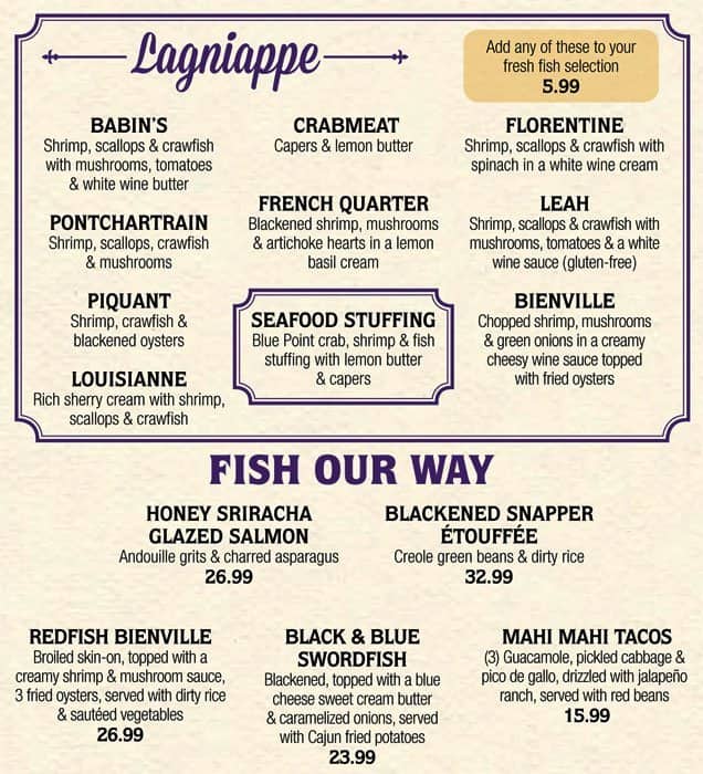 Menu at Babin's Seafood House restaurant, Shenandoah