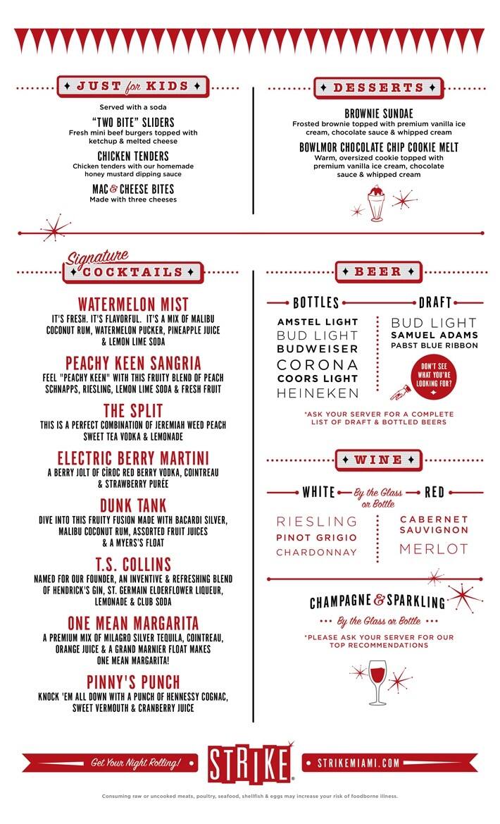 Carta del pub y bar Bowlero Doral, Miami