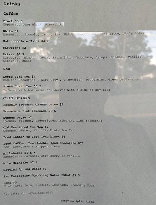 Menu at The Old Boy cafe, Blacktown