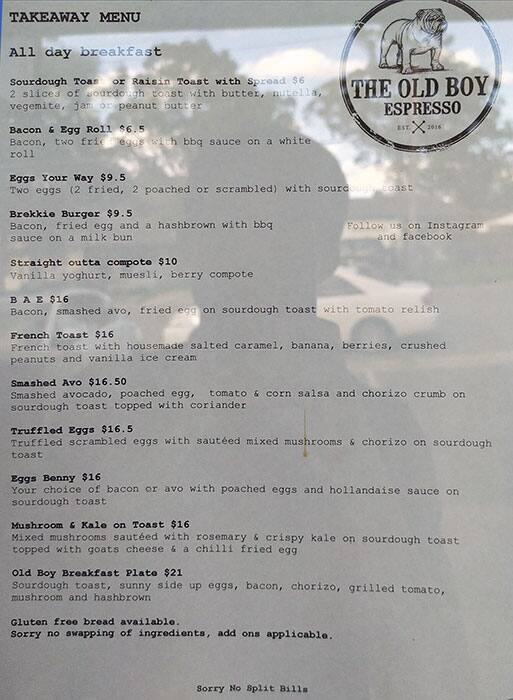Menu at The Old Boy cafe, Blacktown