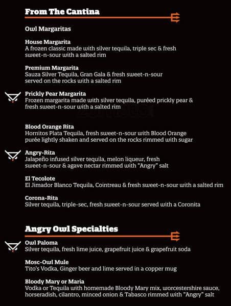 Menu at Angry Owl Southwest Grill & Cantina restaurant, El Paso, N Mesa St