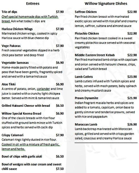 Menu at Willow Tree Cafe on Latrobe, Brisbane City