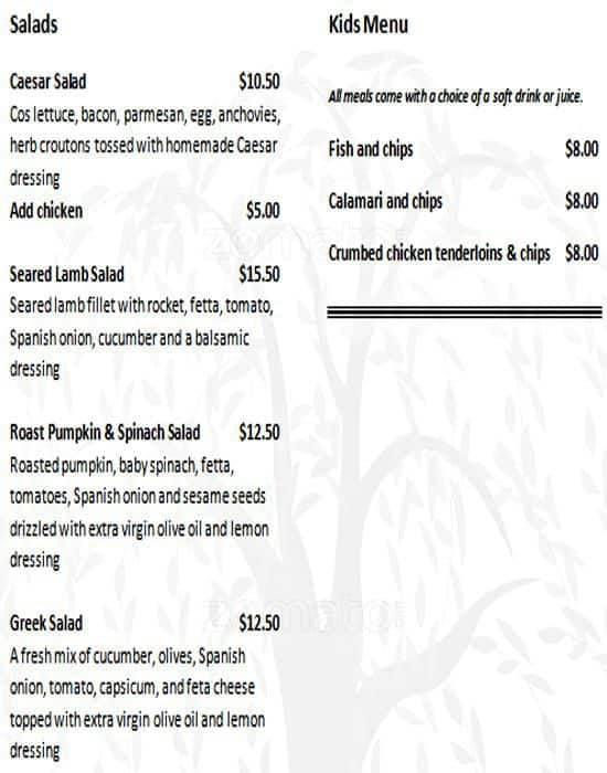 Menu at Willow Tree Cafe on Latrobe, Brisbane City