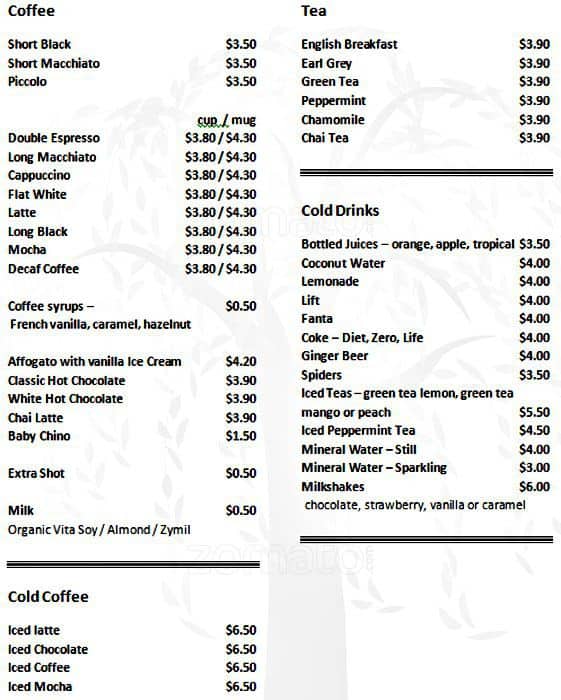 Menu at Willow Tree Cafe on Latrobe, Brisbane City
