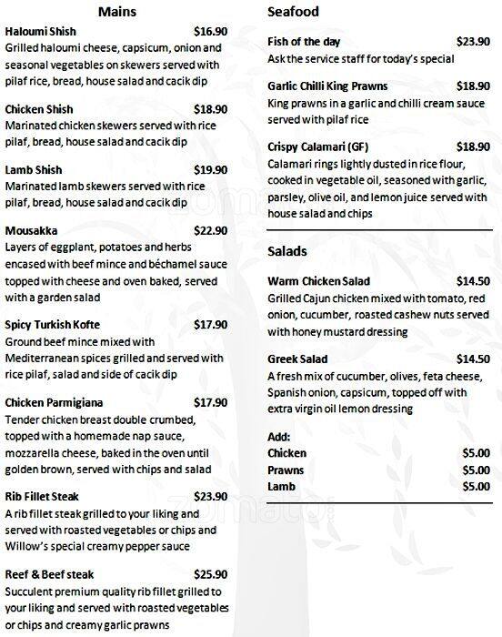 Menu at Willow Tree Cafe on Latrobe, Brisbane City