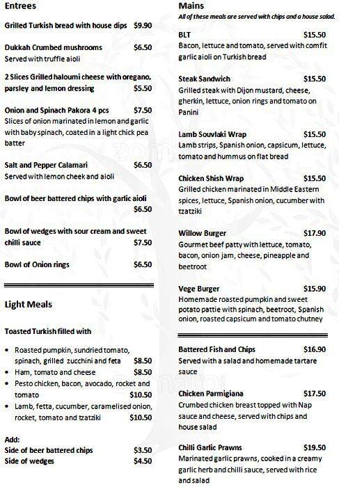Menu at Willow Tree Cafe on Latrobe, Brisbane City