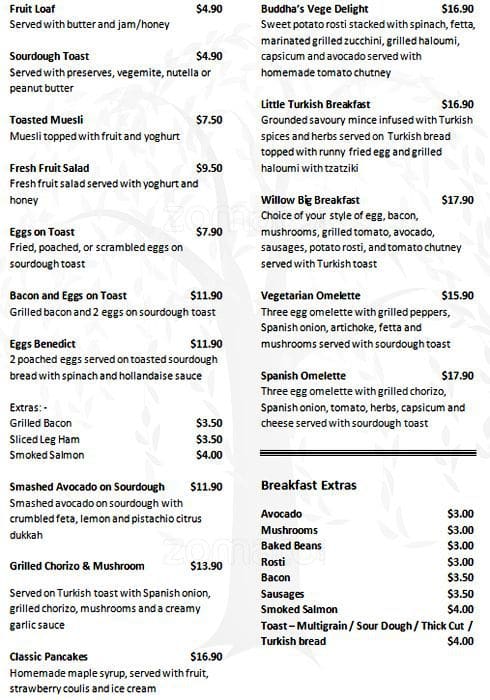 Menu at Willow Tree Cafe on Latrobe, Brisbane City