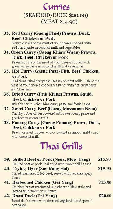 Menu at Mariam's Thai Restaurant, Belgian Gardens