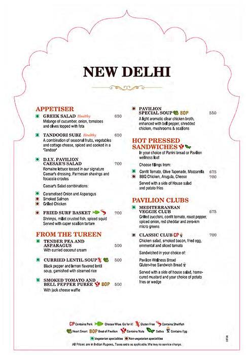 Menu at Delhi Pavilion, New Delhi, G6G8+GF3
