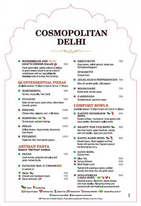 Menu at Delhi Pavilion, New Delhi, G6G8+GF3