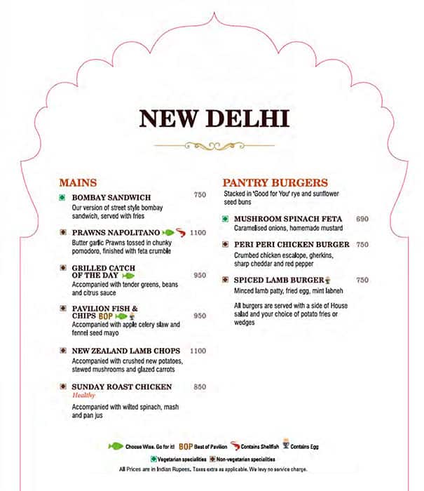 Menu at Delhi Pavilion, New Delhi, G6G8+GF3