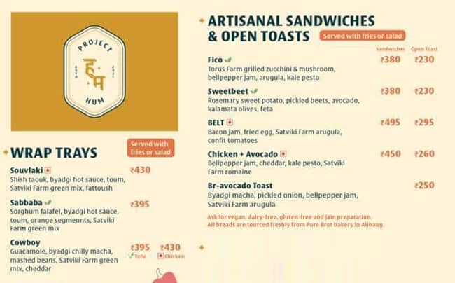 Menu at Project Hum, Mumbai