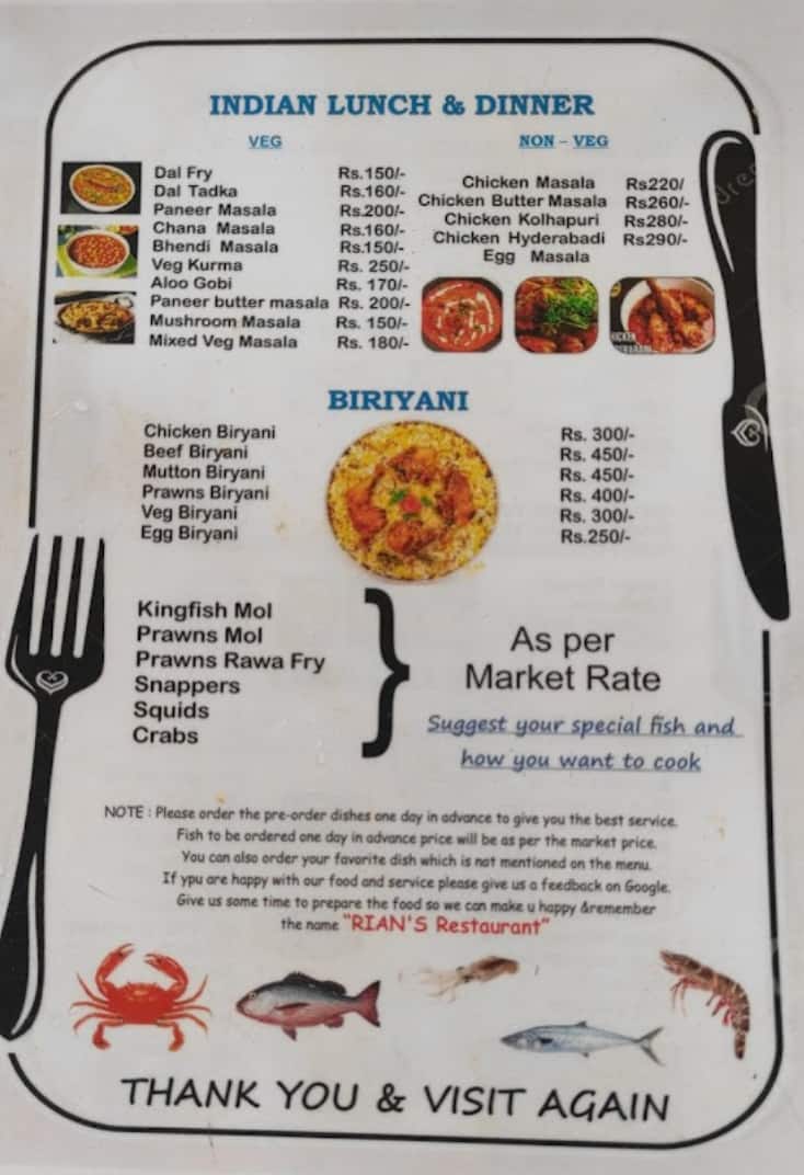 Menu of Rian Restaurant, Palolem, Goa