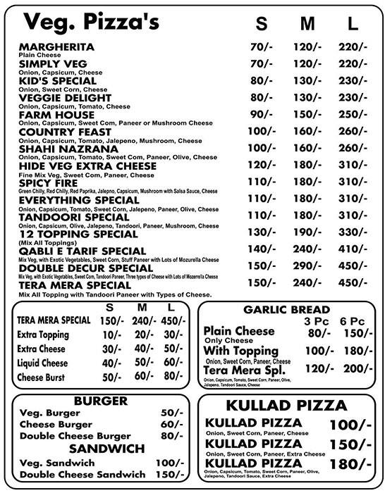 Menu of Tera Mera Pizza, Narela, New Delhi