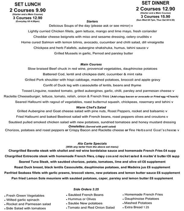 Menu at Prix Fixe restaurant, London