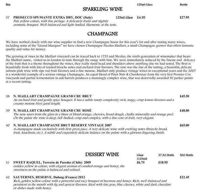 Menu at Prix Fixe restaurant, London