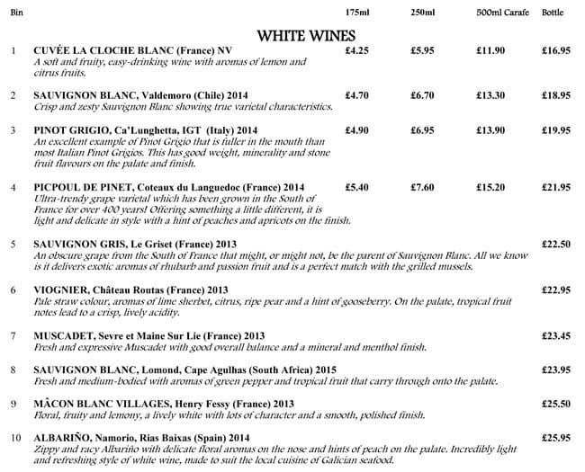 Menu at Prix Fixe restaurant, London