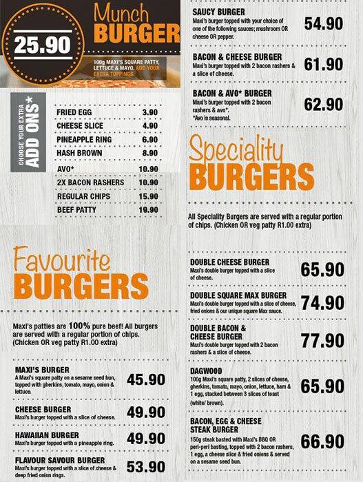 Speisekarte von Maxi's restaurant, Roodepoort, Westgate Shopping Centre