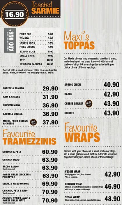 Speisekarte von Maxi's restaurant, Roodepoort, Westgate Shopping Centre