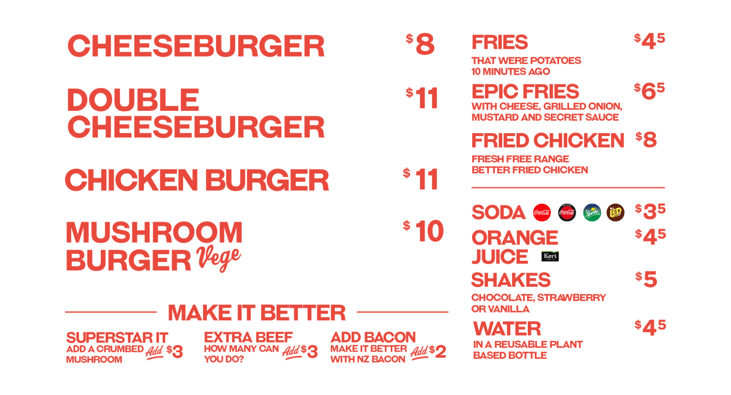 Menu at Better Burger Vulcan Lane fast food, Auckland, 19 Vulcan Lane