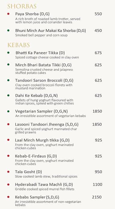 Menu of Firdaus - Taj Krishna, Banjara Hills, Hyderabad