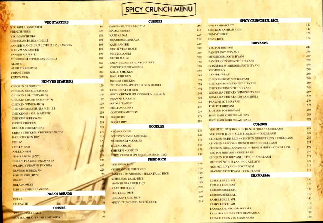 Menu at spicy crunch, Hyderabad, F9RV+336