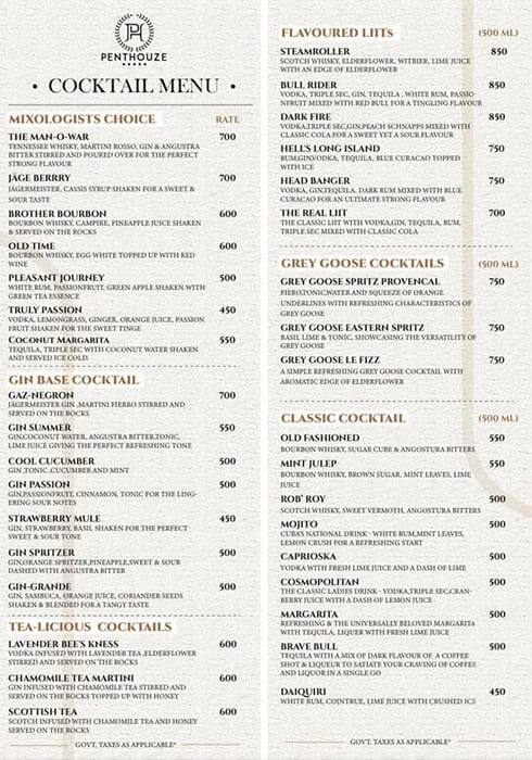 Menu of Penthouze, Mundhwa, Pune