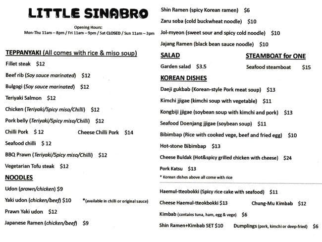 Menu at Little Sinabro restaurant, Perth, 8/110 Barrack St