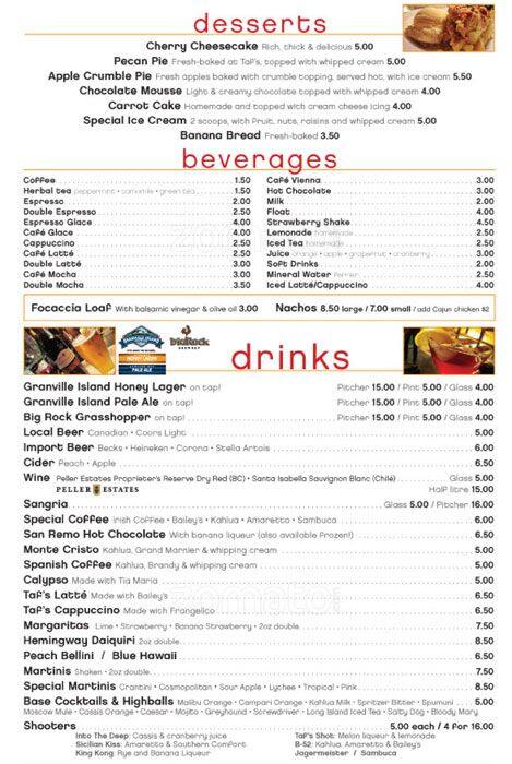 Menu at Taf's Cafe, Vancouver