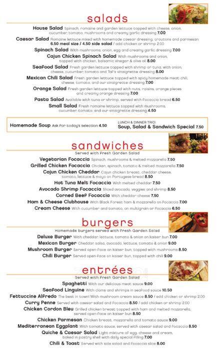 Menu at Taf's Cafe, Vancouver