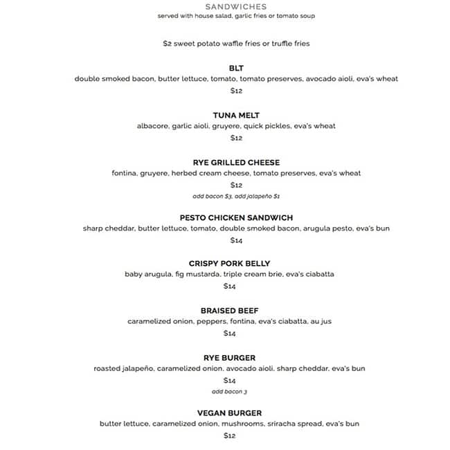 Carta del pub y bar Rye, Salt Lake City