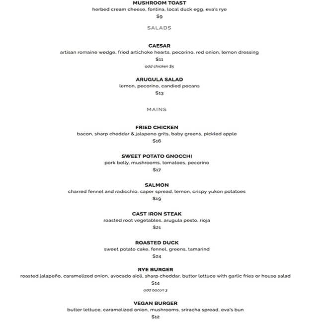Carta del pub y bar Rye, Salt Lake City
