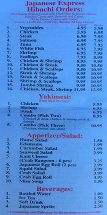 Menu at OEC Japanese Express restaurant, Hattiesburg, Hardy St