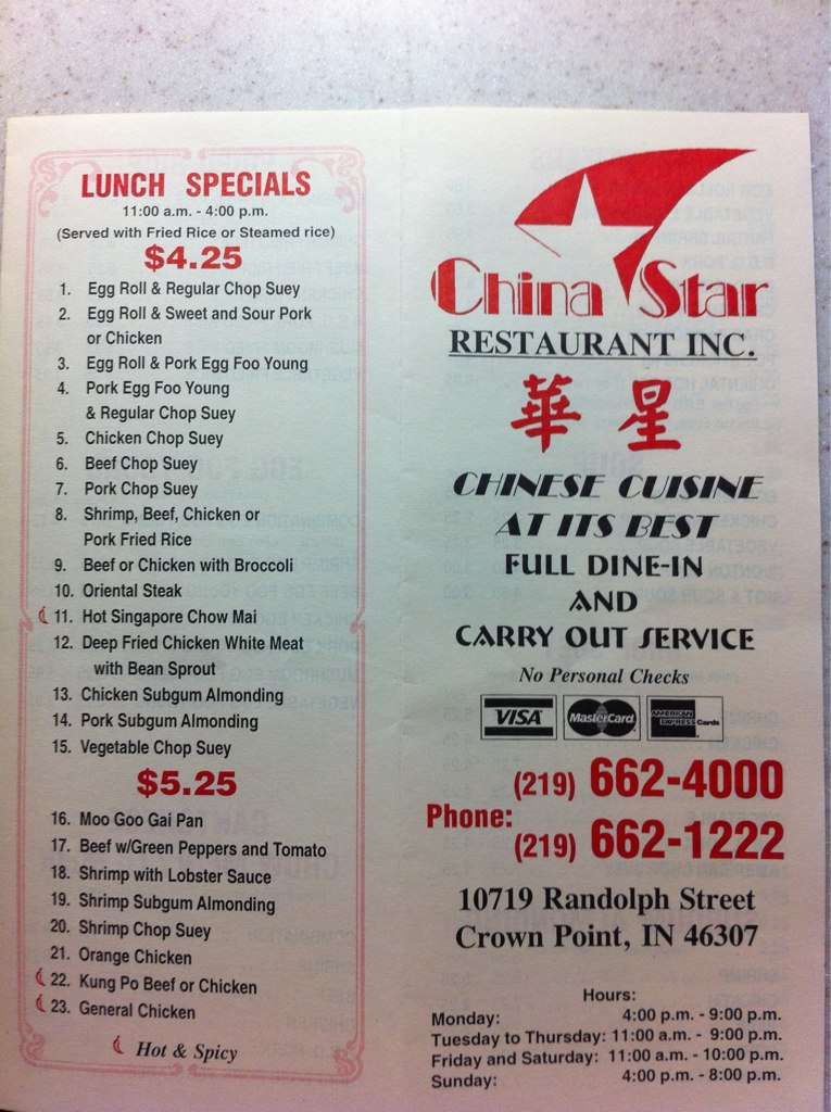 Menu at China Star Carry-Out restaurant, Winfield