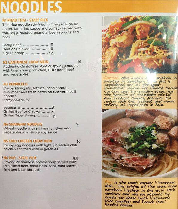 Menu at Toss Thai restaurant, Milton