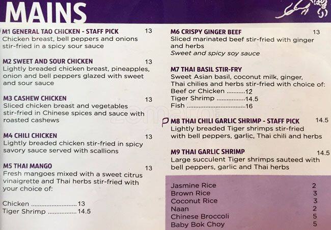Menu at Toss Thai restaurant, Milton