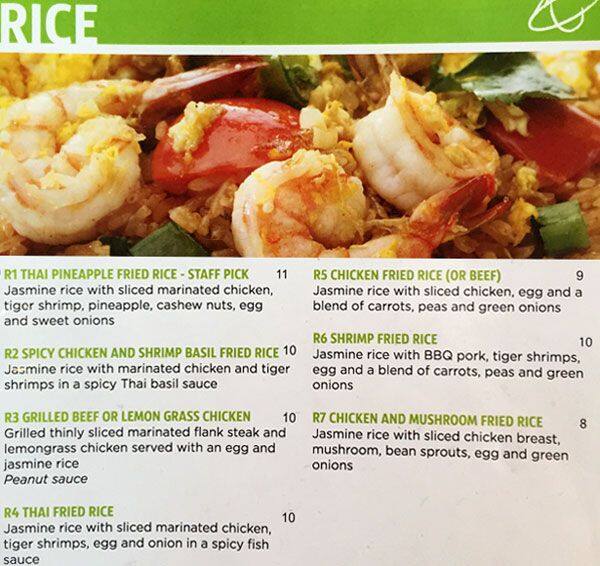 Menu at Toss Thai restaurant, Milton