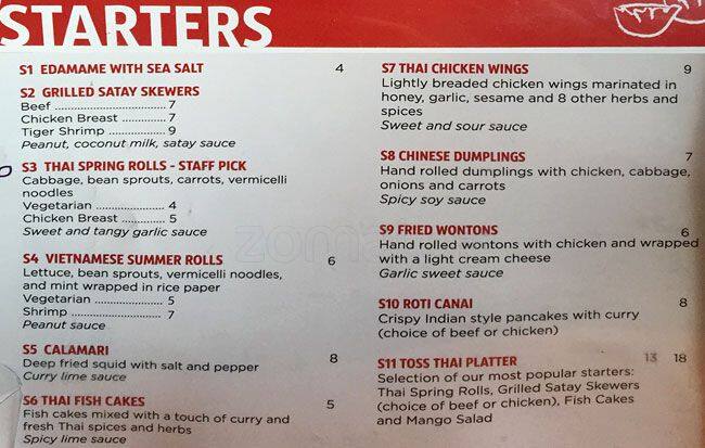 Menu at Toss Thai restaurant, Milton