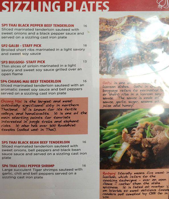 Menu at Toss Thai restaurant, Milton