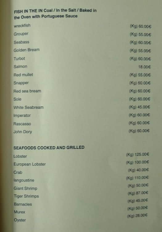 Menu at 5 Oceanos restaurant, Matosinhos