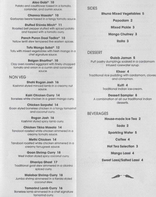 Menu at Tamarind restaurant, Matthews